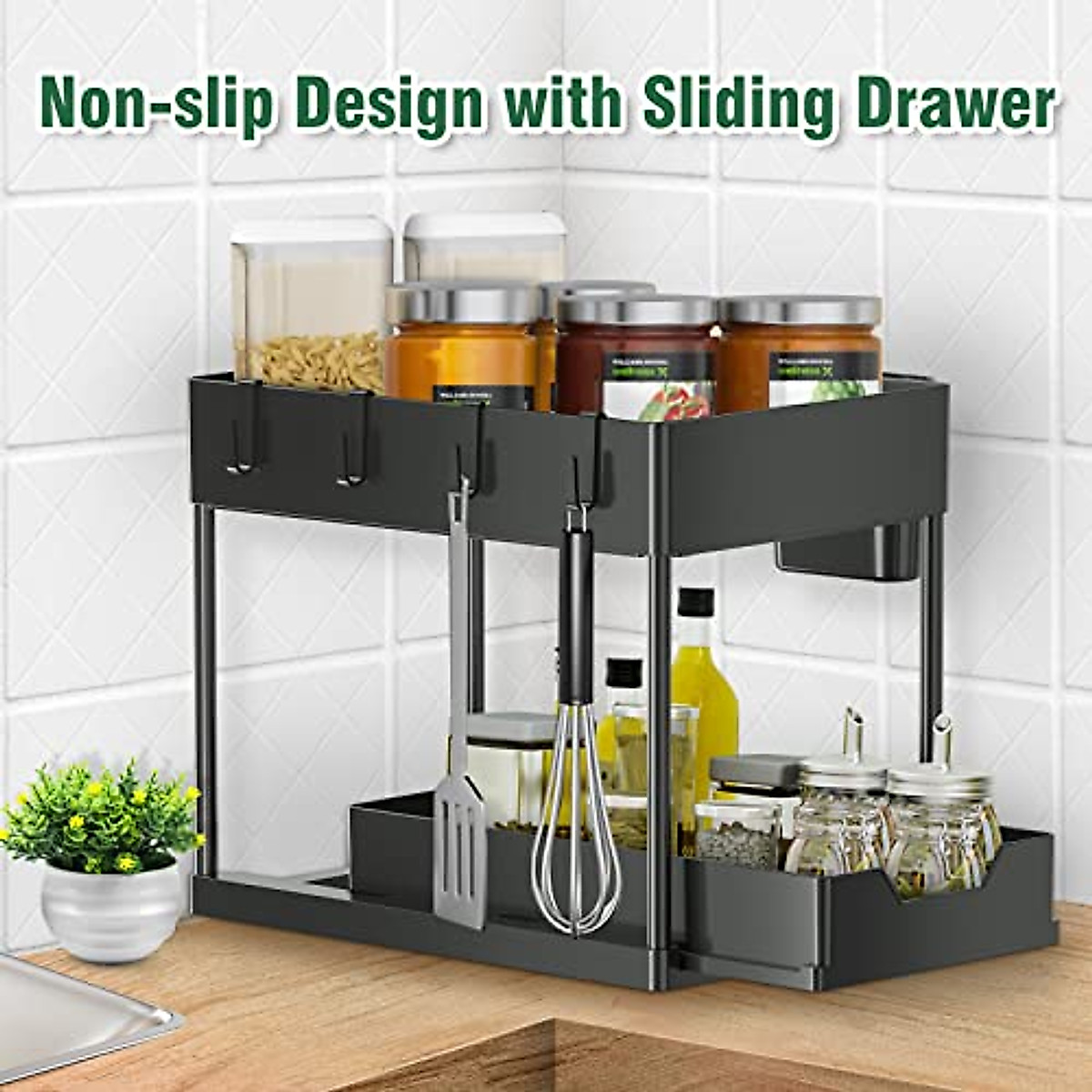 Under Sink Organizers and Storage 2 Tier Under Cabinet Organizer Bathroom Under Sink Storage for Kitchen with Sliding Drawers, Hooks, Multi-purpose Pull Out Under the Sink Organizer and Storage