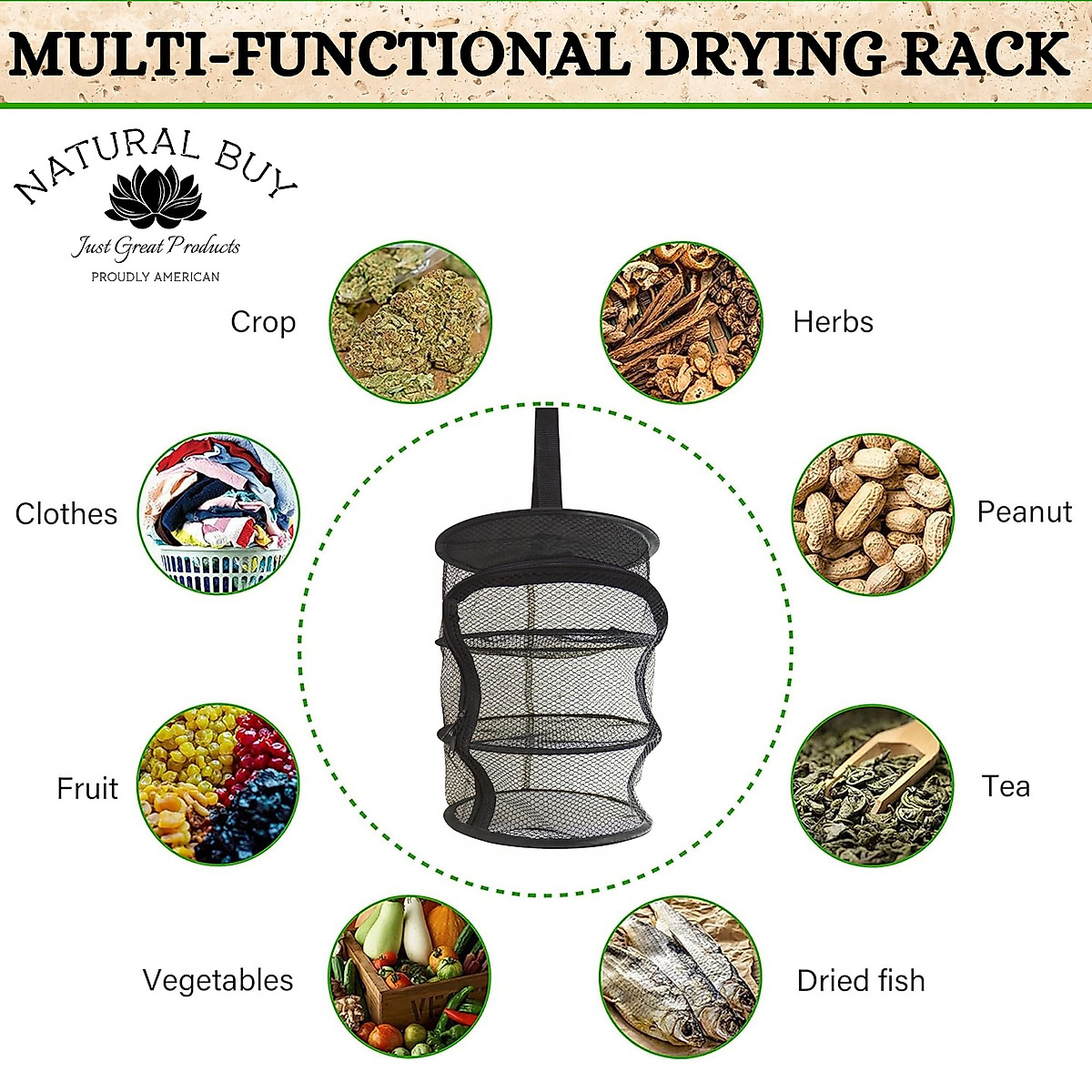 Natural Buy 9 Inch 3 Level MICRO Hanging Dry Net Indoor/Closet Drying Rack for Herbs, Organizer, Freshner - Black Mash Screen with Top-to-Bottom Zipper - Apartment Size with Zipped Storage Pouch