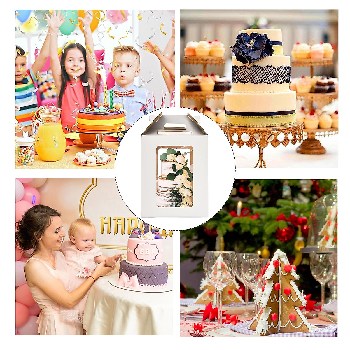 Hzzycaxli 6 Pack Tall Cake Boxes with 4 windows and Cake Boards,12x12x14 Inch Large Tiered Cake Box for Wedding Birthday Transport,10in 12in Durable White Bakery Box Disposable Cake Containers