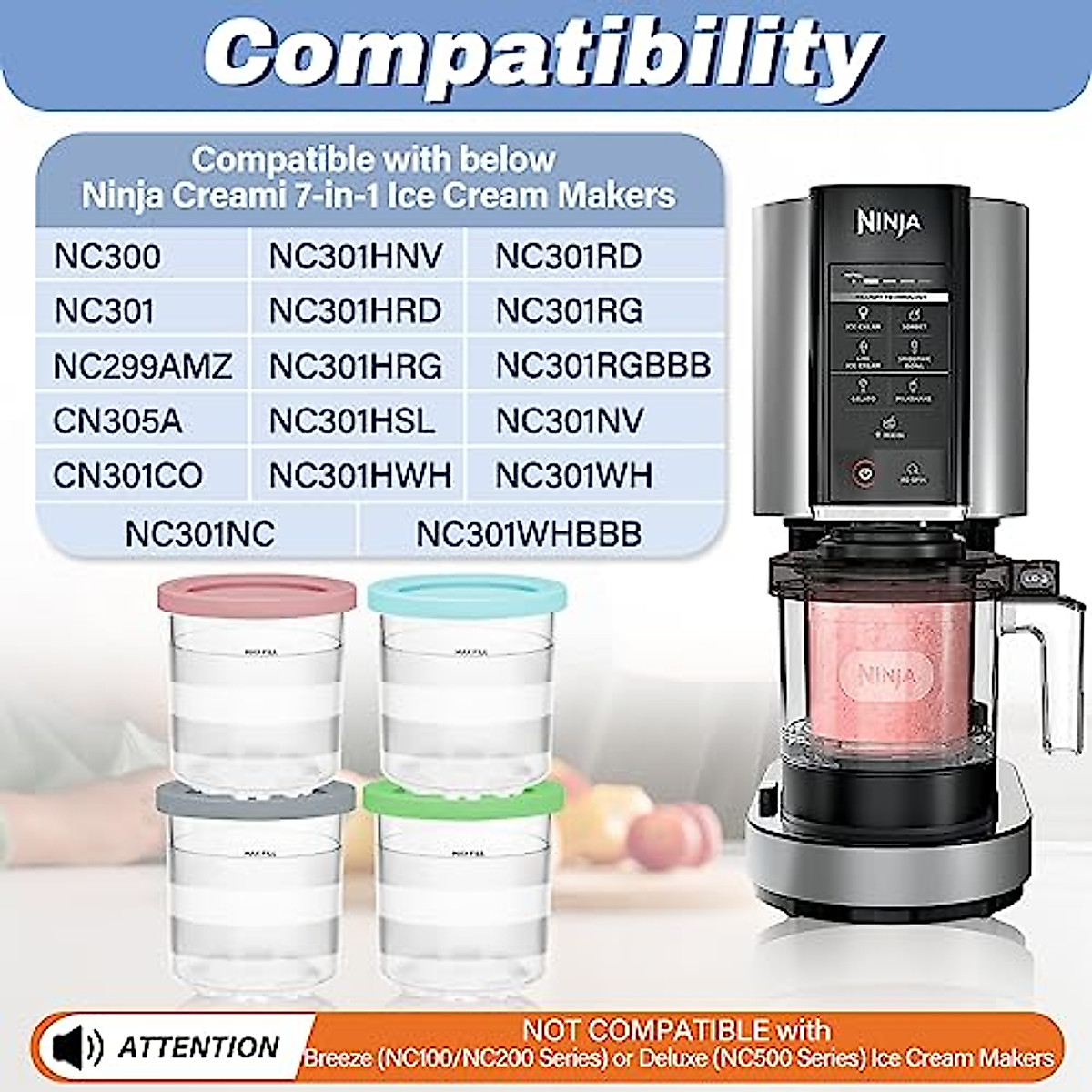 NANOBABY Pint Containers and Lids Replacement Compatible with Ninja CREAMi 7-in-1 Ice Cream Maker, 16oz Pint Cup Replacement for Ninja Creami NC301 Series,NC299AMZ NC300 CN305A CN301CO,4-Pack,BPA Free