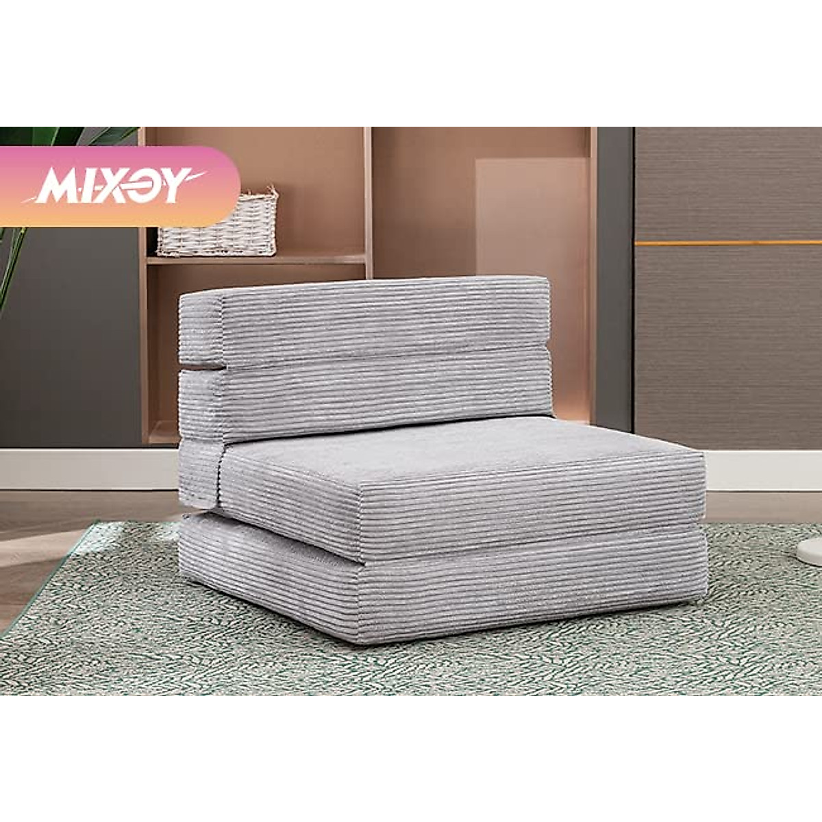 Mixoy Folding Sofa Mattress, Tri Fold Sofa Chair Bed 6.3”,Upholstered Guest Chaise,Floor Couch Sleeper,Folding Futon Sofa Bed Lounge Chaise for Guests,Living Room and Bedroom(Twin Size, Light Grey)