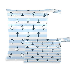 Waterproof Wet Dry Bag 2 Pack Nautical Anchor Stripe Pattern Cloth Diaper Bag Organizer Pouch Set with Zipper Pocket Washable Wet Bag for Travel Hiking Swimsuit