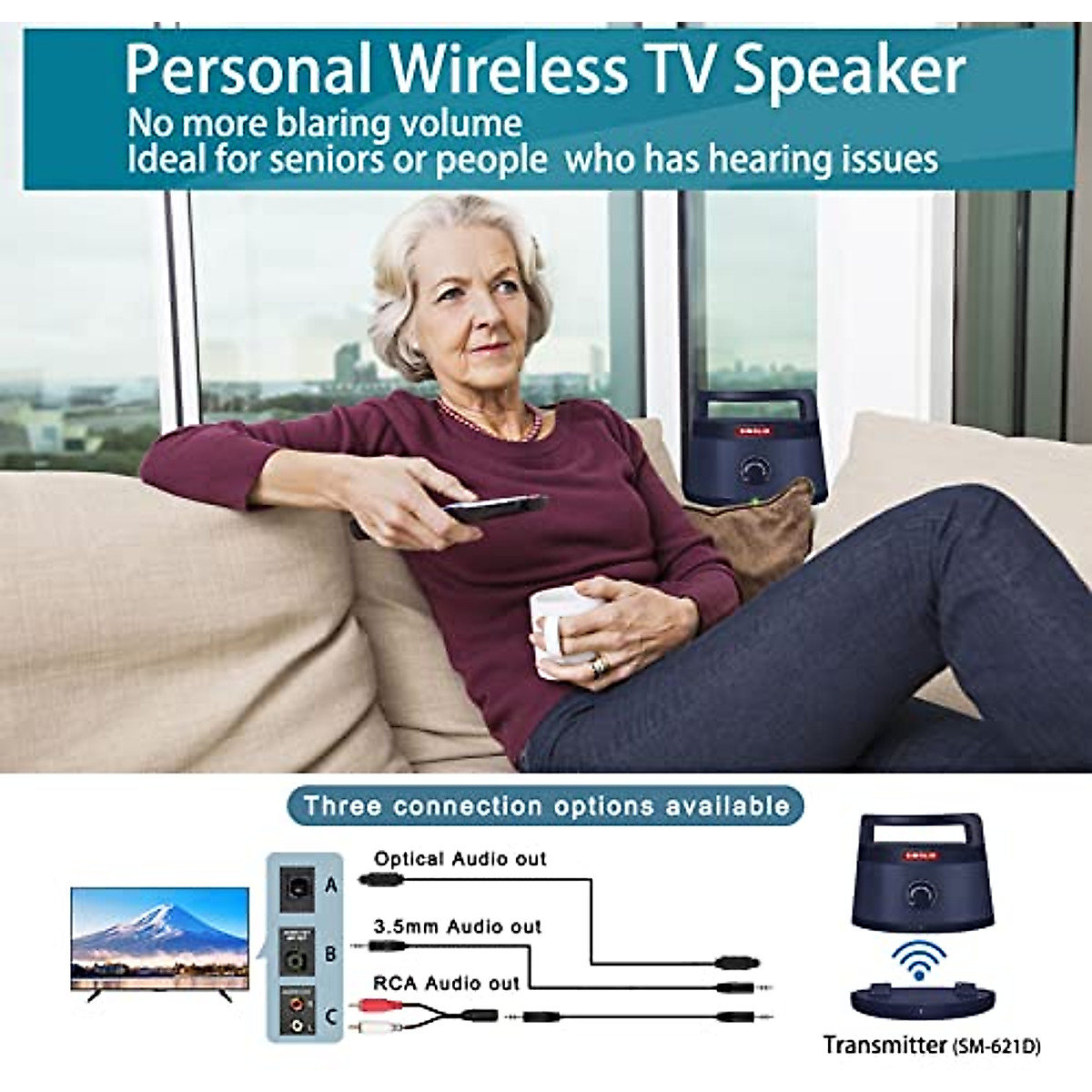 SIMOLIO Clear Dialogue Wireless TV Speakers with Tone Adjustment, Portable Wireless Speakers for TV for Hard of Hearing, Seniors and Elderly, Support Optical/RCA/AUX, Extra Headset & 2 Adapters