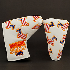 US Flag Dancing Scottie Dog Headcover for Blade and Midsize Mallet Putter, White, Golf Head Cover