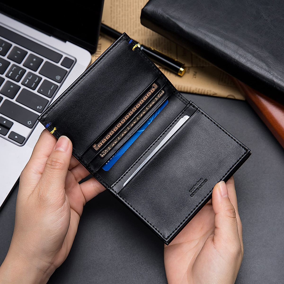 Cockatoo Business Card Case Holder for Men & Women, Genuine Leather Vertical Bifold RFID Front Pocket Wallets