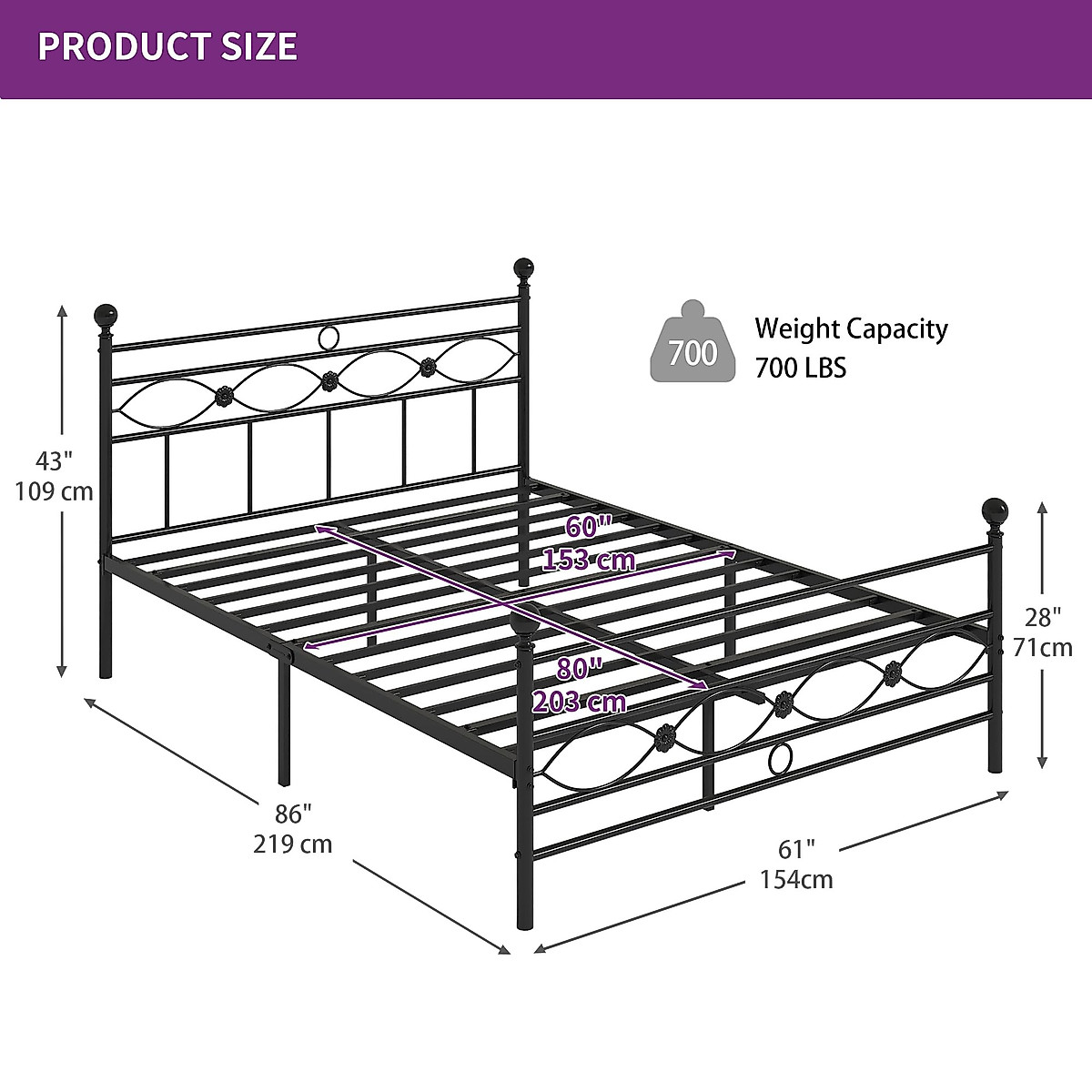 DWVO Queen Size Metal Platform Bed Frame with Headboard and Footboard, 14"H Black Queen Bed Frame with Steel Slat Support, Bedroom Mattress Foundation, No Box Spring Needed, Load Bearing up to 700lbs