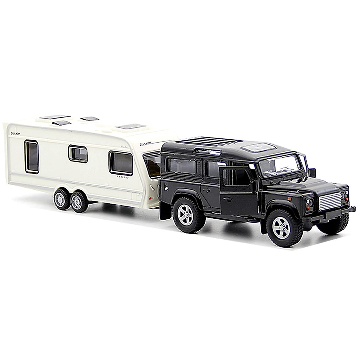 Toy Camper SUV Trailer Towing RV Motorhome Toys for Boys Diecast Truck Model Car Metal Pull Back Toy Cars Vehicle, Doors Open Light Sound, Outdoor Land Adventure Play Set, Kids Gifts