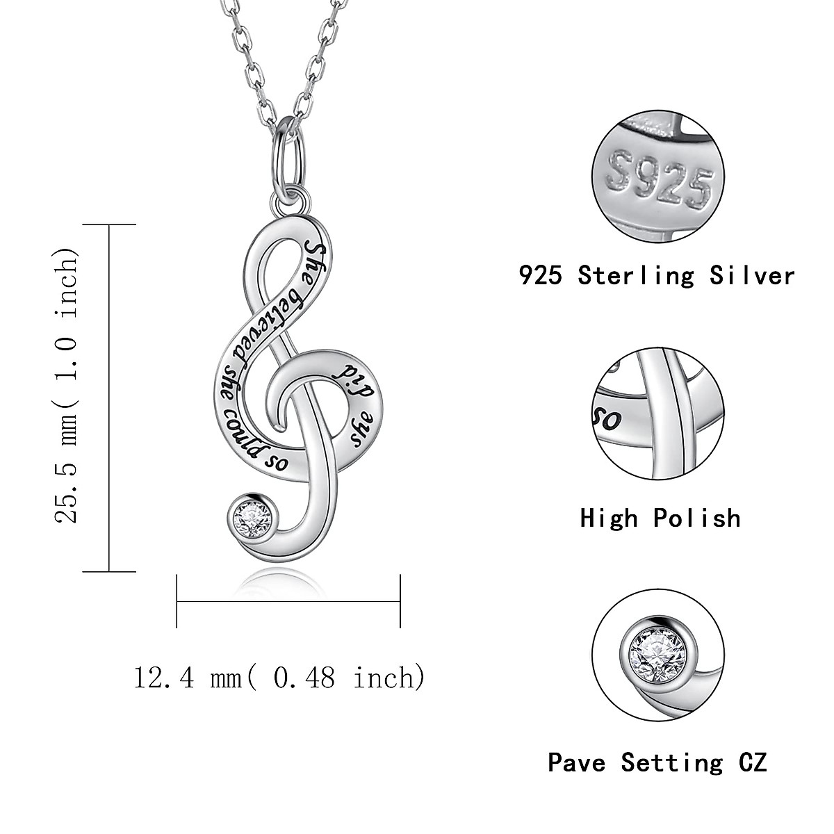 Music Note Necklace Ring for Women Sterling Silver Classic Treble Clef Music Pendant Musical Jewelry Graduation Gifts for Musician Music Student (necklace)