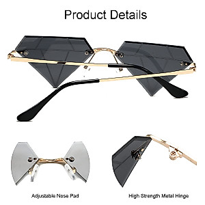 JOVAKIT Triangle Diamond Shaped Sunglasses for Women Men Vintage Rimless Sun Glasses Retro Rave Party Halloween Eyeglasses (Gold/Blue&Pink)