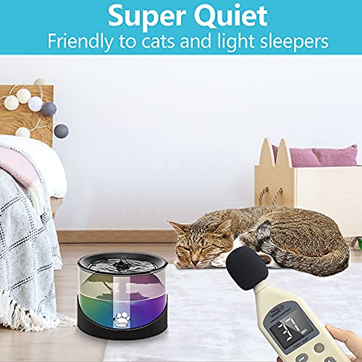 Kastty Cat Water Fountain, Super Quiet Water Fountain for Cats Inside, Pet Water Fountain for Kitty, Cat Waterer, Dog Bowl Dispenser 2.2L/74oz,with Super Long Life Span Pump, Black+Colorful LED Light