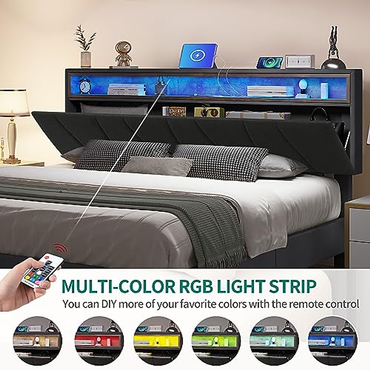 YITAHOME Queen Size Bed Frame, LED Bed Frame with Storage Upholstered Headboard, Platform Bed with Outlet & USB Ports, No Box Spring Needed, Easy Assembly, Grey