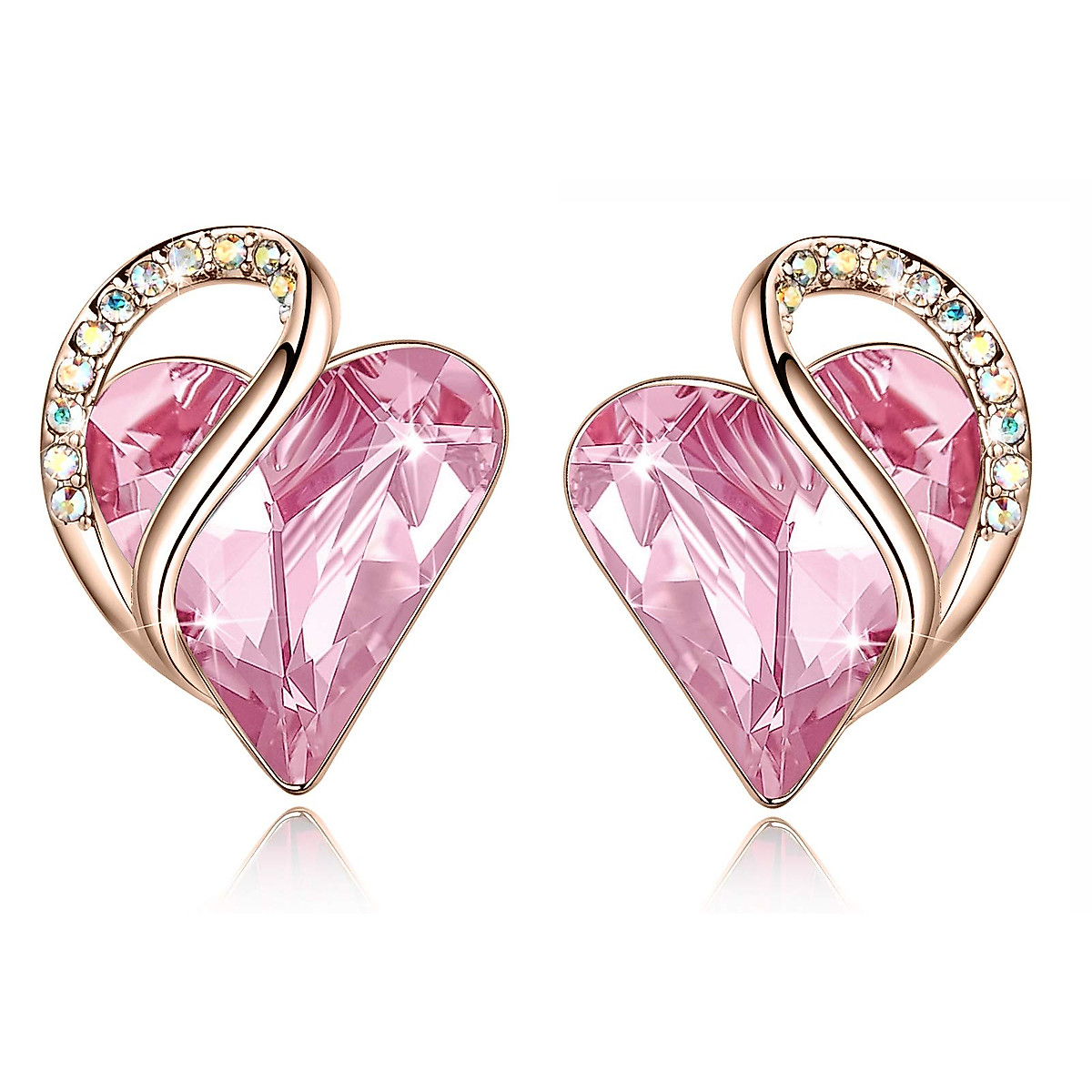 Leafael 18K Rose Gold Plated Love Heart Stud Earrings with Rose Quartz Pink Healing Stone Crystal for Romatic Love, Jewelry Gifts for Women
