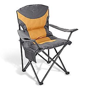 ARROWHEAD OUTDOOR Portable Folding Camping Quad Chair w/Added Ultra-Comfortable Padding, Cup-Holder, Heavy-Duty Carrying Bag, Padded Armrests, Supports up to 330lbs, USA-Based Support (Tan & Gray)