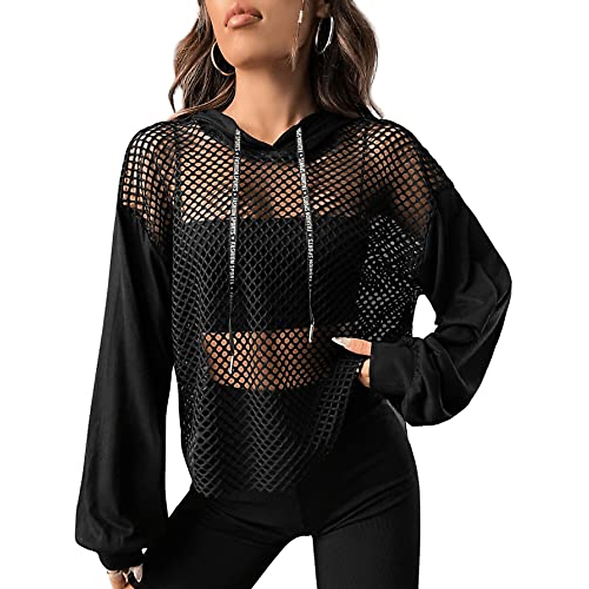 Verdusa Women's Sexy See Through Fishnet Long Sleeve Drawstring Hoodie Top Sweatshirt Black M