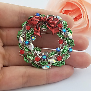 SELOVO Silver Tone Wreath Green Red Austrian Crystal Round Brooch Pin