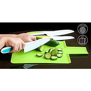 Tovla Jr Kids Kitchen Montessori Knives and Foldable Cutting Board Set: Children's Safety Cooking Knives in 3 Sizes & Colors/Firm Grip, Serrated Edges, BPA-Free Kids' /Safe Lettuce Knives (Green)