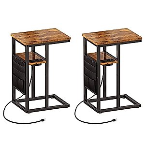 SUPERJARE C Shaped End Table with Charging Station, Side Table with Storage Bag, Couch Table, C Table with USB Port and Outlet, for Living Room, Bed Room, Set of 2, Rustic Brown