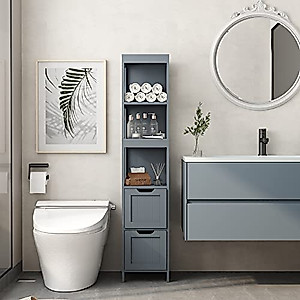 HOMEFORT Bathroom Storage Cabinet, Slim Tall Cabinet, Narrow Floor Cabinet Organizer, Wooden Linen Tower with 2 Drawers and 3 Shelves, Freestanding Storage Cupboard (Grey)