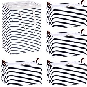Hinwo 4-Pack 70L Extra Large Canvas Fabric Storage Bins with 77L Laundry Hamper, Navy Stripe