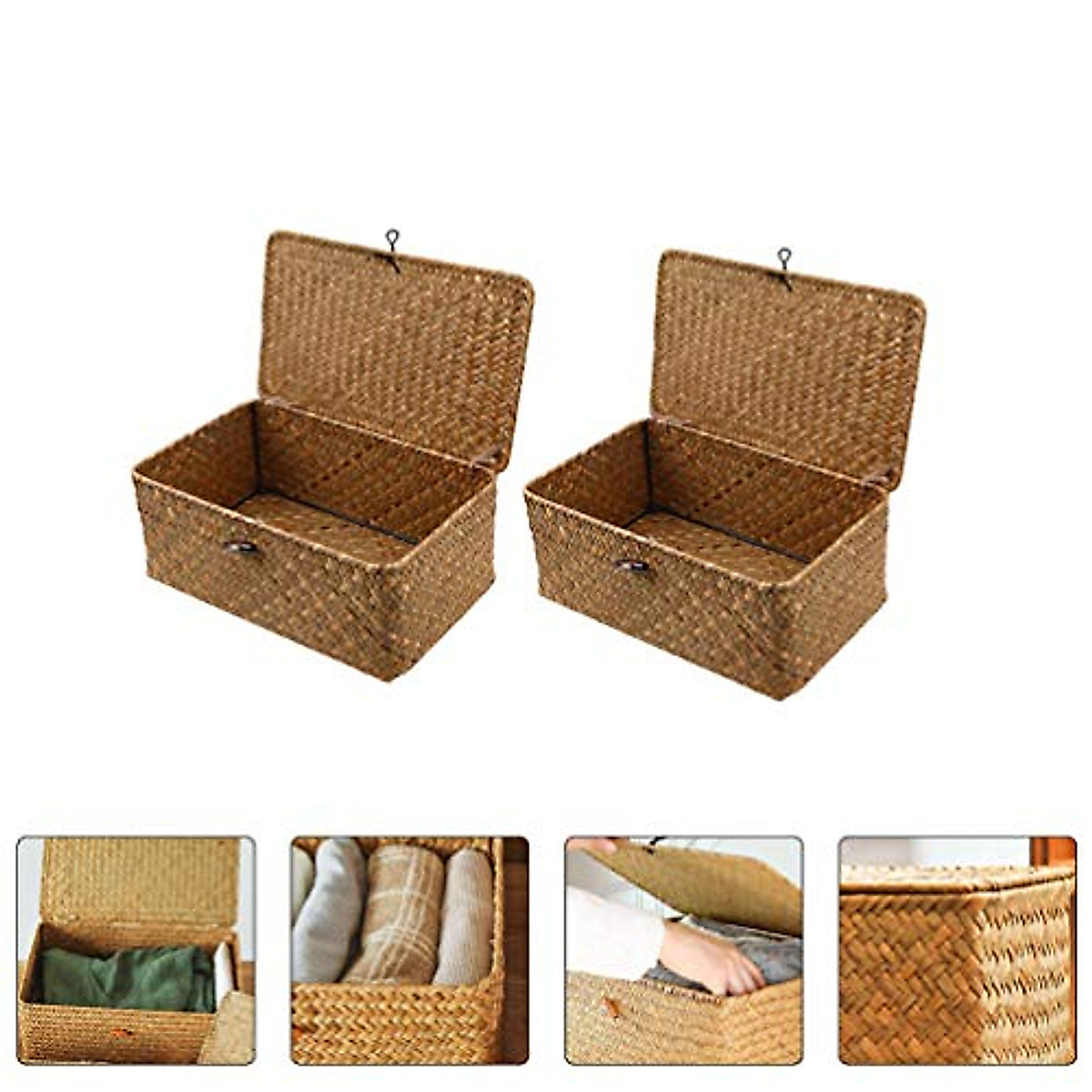 YARNOW 2pcs Seagrass Storage Baskets with Lids Rectangular Rattan Baskets Woven Wicker Storage Bins Wooden Picnic Basket Laundry Hamper Container