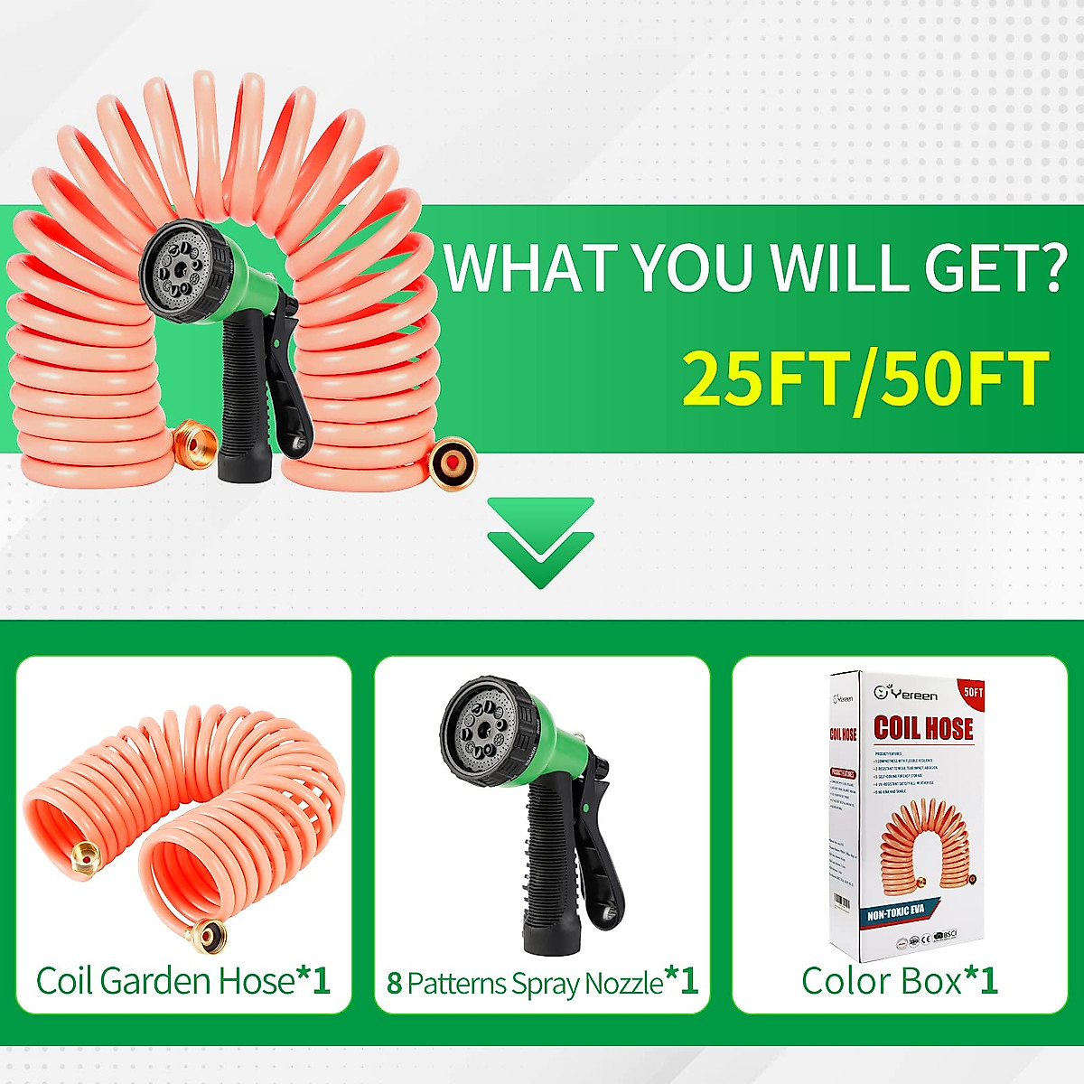 Yereen Coil Garden Hose 50FT, EVA Recoil Garden Hose, Self-coiling Water Hose with 3/4" Connector Fittings with 8 Function Spray Nozzle, Creamy Orange