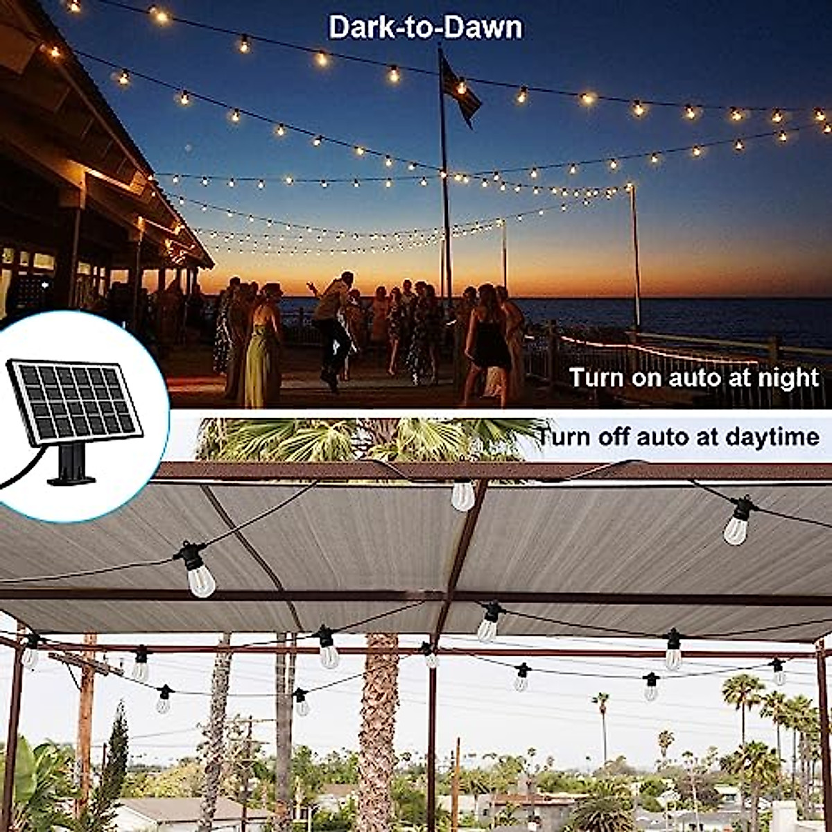 SUNTHIN Outdoor Solar String Lights, 48ft Solar Patio Lights with USB Rechargeable, Waterproof & Shatterproof Solar Powered Bulbs for Yard, Porch, Garden, Pool, Party, Camping