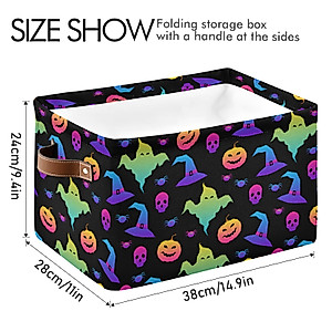 Foldable Storage Basket, Cube Organizer Bins Pumpkin Skull Spider Witch Rainbow Halloween Cube Bag Dual Handles for Closet Shelf