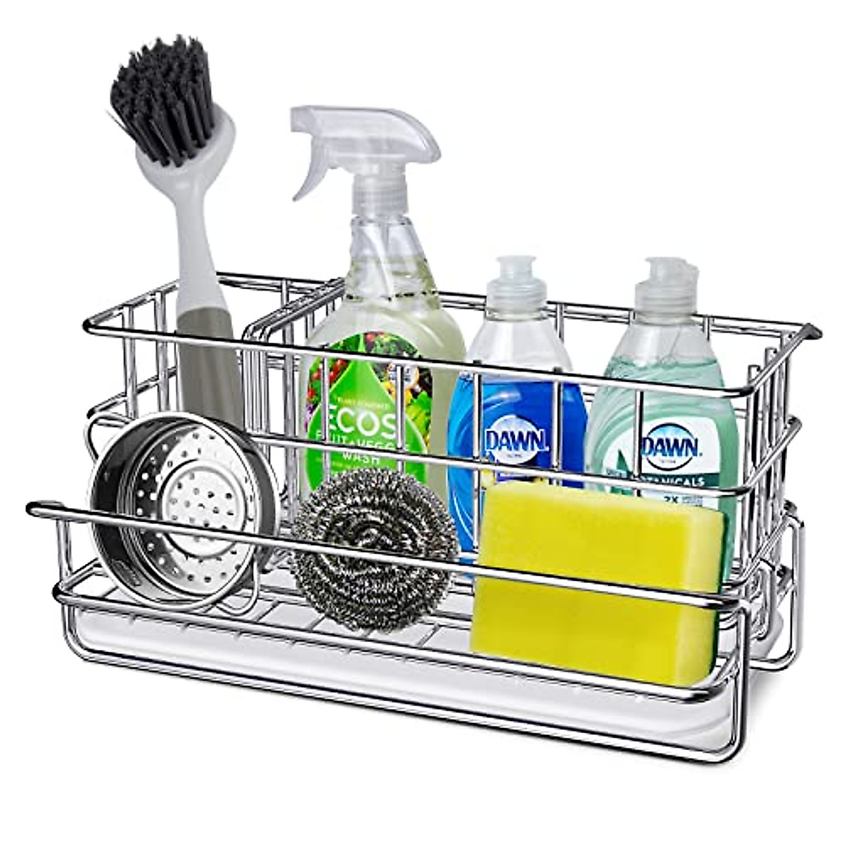 FUMAX Kitchen Sink Caddy Organizer, Sponge Holder for Kitchen Organization, Dish Brush Soap Dispenser Holder with Drain Tray, Rustproof Stainless Steel Kitchen Soap Holder for Countertop