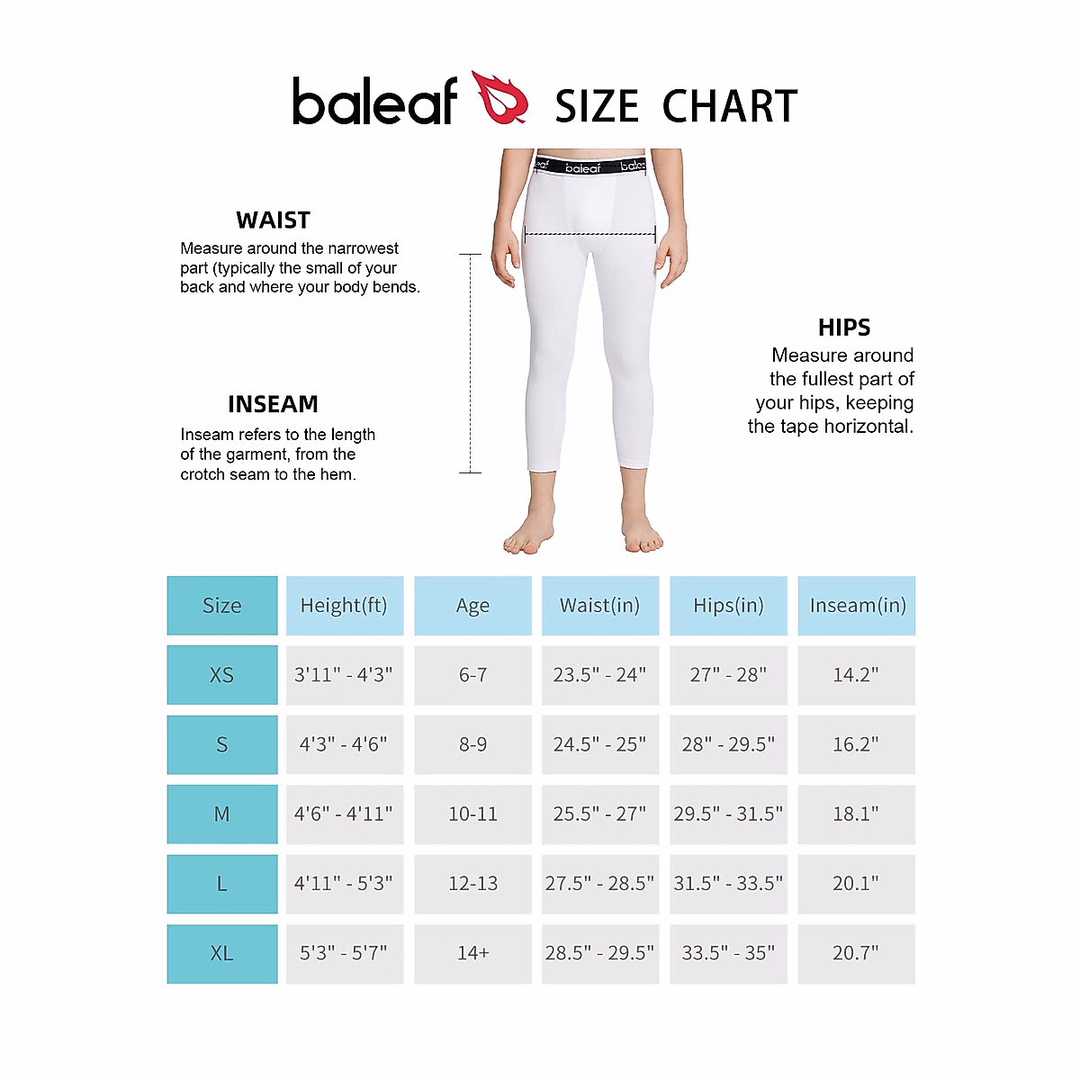 BALEAF One Leg Compression Tights Youth Basketball Leggings 3/4 Boys Sports Base Layer Capri Running Pants White M