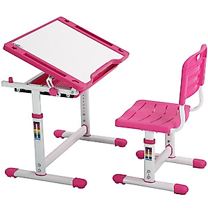 PayLessHere Kids Desk and Chair Set,Height Adjustable Study Desk for Kids with Pull Out Drawer Storage,Multi-function Study Desk and Chair for Writing, Reading and Drawing (Pink)
