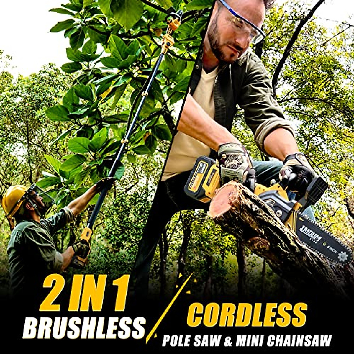 IMOUMLIVE 2-IN-1 Cordless Pole Saw & Chainsaw, 8" Cutting Brushless Electric Rotatable Pole Saw, Oiling System, 8.3 LB Lightweight, 21V 3.0Ah Battery, 16.6-Foot Max Reach Pole Saw for Tree Trimming