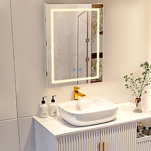 VOWNER Bathroom Medicine Cabinet with LED Lights and Mirror, Wall Mounted Mirror Cabinet with Adjustable Shelf, Defogger, Memory 3-Color Mode, Dimmer, Anti-Fog (Engineered Wood, 24"×32")