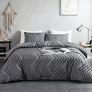 WARMDERN Boho Duvet Cover Set, Tufted Bedding Duvet Covers Soft Washed Microfiber Duvet Cover Twin Size, 2 Pieces Embroidery Shabby Chic Duvet Cover with Zipper Closure(Grey, Twin)