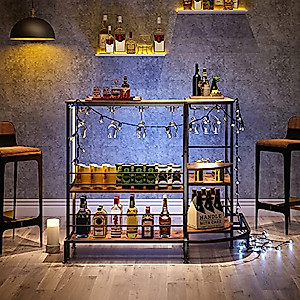 kepptory L-Shape Bar Table, 3-Tier Liquor Bar Table with Storage & Glasses Holder & Footrest, Farmhouse Wine Bar Cabinet for Home, FreeStanding Sideboard and Buffet Cabinet, Retro Brown