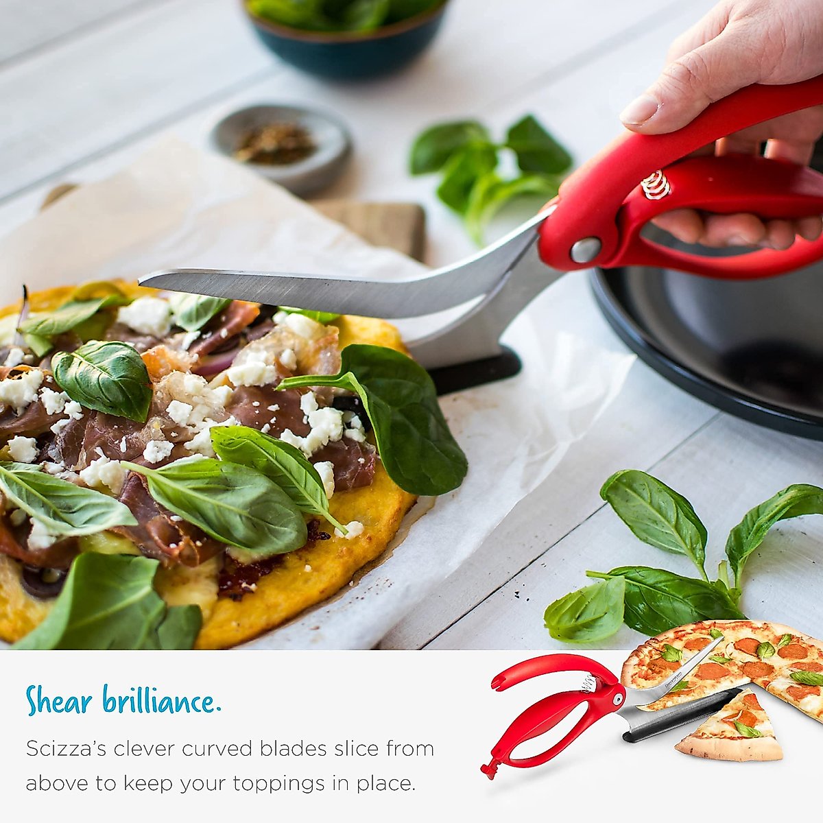 Dreamfarm Scizza | Non-Stick Pizza Scissors with Protective Server | Stainless Steel | All-In-One Pizza Slicer | Easy-To-Use & Easy-To-Clean Pizza Cutters | Red