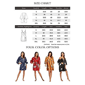 Escalier Women's Silk Satin Pajamas Sets 2Pcs Floral Silky Pj Robe Set with Chemise Nightgown Orange Floral S