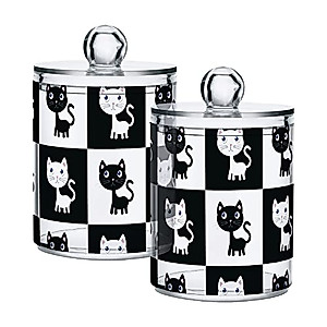 Cat Black White Cotton Swab Holder Bathroom Containers Jars with Lids Set Cotton Ball Pad Round Holder Jar for Cotton Swab Ball Rounds Makeup Sponges Bathroom Organizer Storage, 2 Pack