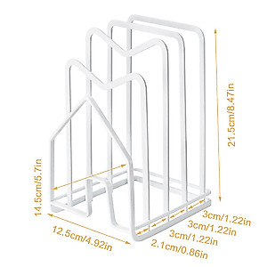 Hikinlichi Cutting Board Holder Rack 2 Adhesive Hooks 304 Stainless Steel Hooks Kitchen Countertop Chopping Board Organizer Stand Pots Pan Lids Rack 4.92 x 5.7 x 8.46 in. White