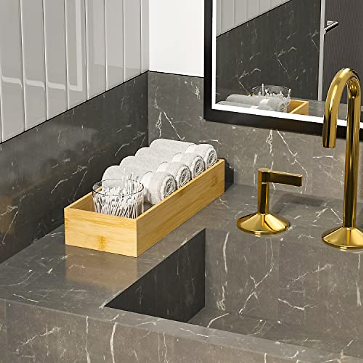 Toilet Tank Tray, Guest Towel Organizer Holder, Bathroom Accessory Vanity Bamboo Tray Wood Sink Tray, Perfume Tray for Home Decoration 15” L x 6” W x 3” H