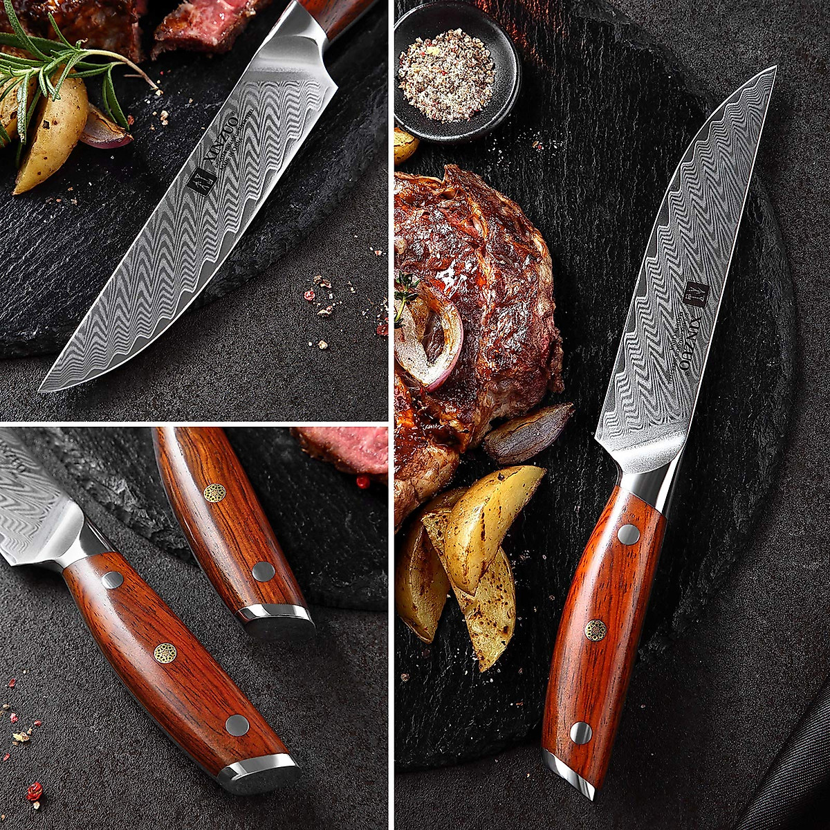 XINZUO Damascus Steel 4Pcs Steak Knife Set, 5 Inch Premium Dinner Knife Set Sharp Kitchen Table Knives -Straight Edge Blade -Triple Rivet -with Gift Box -Ergonomic Rosewood Handle-Yi Series