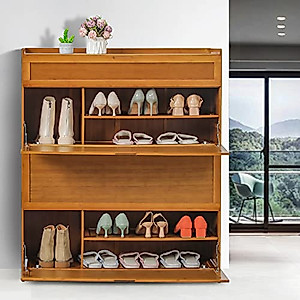 MoNiBloom Bamboo 7 Tier Shoe Storage Cabinet with Pull-Down Doors for Heels Sneakers Shoes Rack Organizer for 36-40 Pairs Entryway Hallway Living Room, Brown