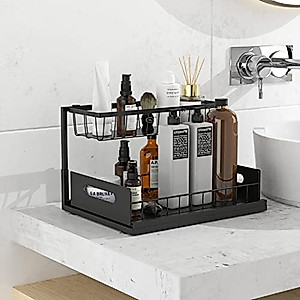 NLBTW Under Sink Organizer and Storage, 2 Tier Bathroom Kitchen Cabinet Shelf Organizers Shelves Cleaning Supplies Organization with Pull-Out Sliding Drawer (Black)