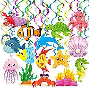 Sea Animals Life Hanging Swirls 30 Pack Foil Ceiling Hanging Swirls Streams Banner Garland Decor for Kids Under The Sea Mermaid Baby Shower Celebrating Events Birthday Party Supplies Room Wall Decor