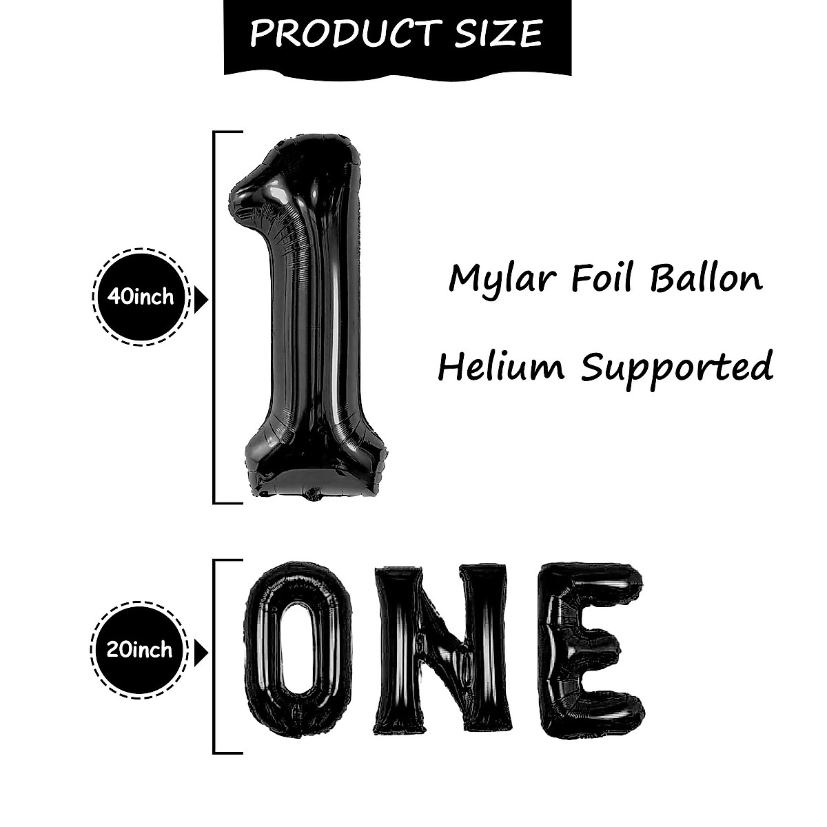 Large - Black One Balloon for First Birthday, 40 Inch Number 1 Balloon, Black 1st Birthday Balloons, Confetti Balloons, Black 1 Balloon 1st Birthday Decorations for Boys, 1 Year Old Balloon