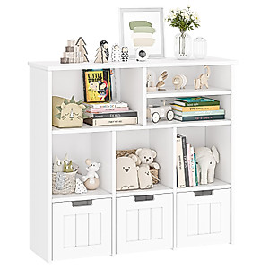 Knowfunn Toy Storage Cabinet with 3 Movable Drawers & 6 Cubes, Children's Toy Shelf Kids Bookshelf with Hidden Wheels, Kids Bookcase Toy Storage Organizer for Bedroom & Playroom & Nursery (White)