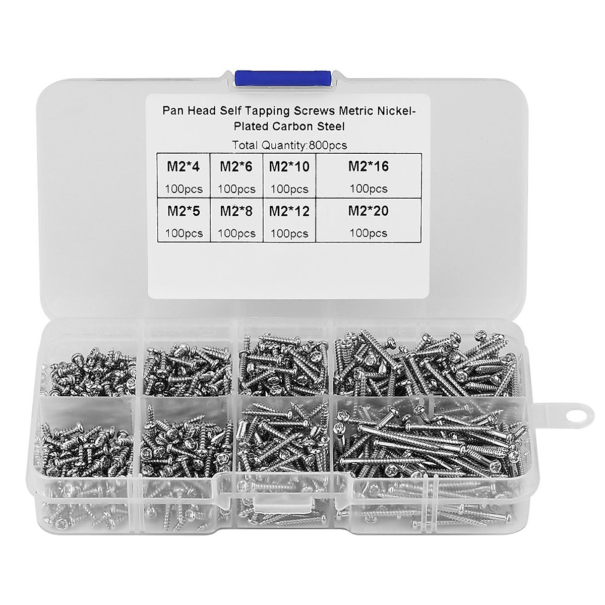 800pcs M2 Cross Drive Pan Head Self-Tapping Screws Woodworking Fastener with Box