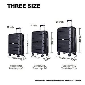 Travelhouse Hardshell Luggage 3 Piece Set Suitcase PP Hardshell with Spinner Wheels and TSA Lock 20in 24in 28in Women Business and student suitcase Set(Black)