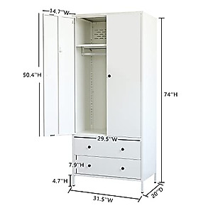 Besfur Steel Storage Wardrobe Cabinet - Metal Wardrobe Armoire Closet with Adjustable Hanging Rod & Two Drawers for Bedroom, Laundry Room (White)