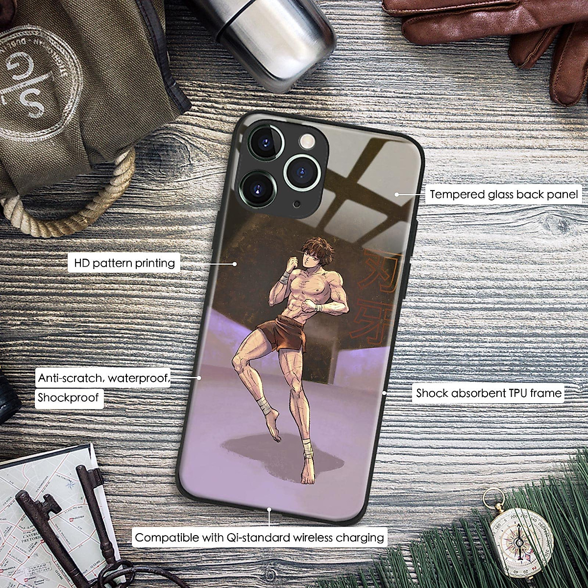 HEMINJYJEF Japanese Anime Anti-Drop Shell Cover Manga Pattern Non-Slip Glossy Glass Cell Phone Protective Case (for iPhone 11 Pro Max,Baki Hanma)