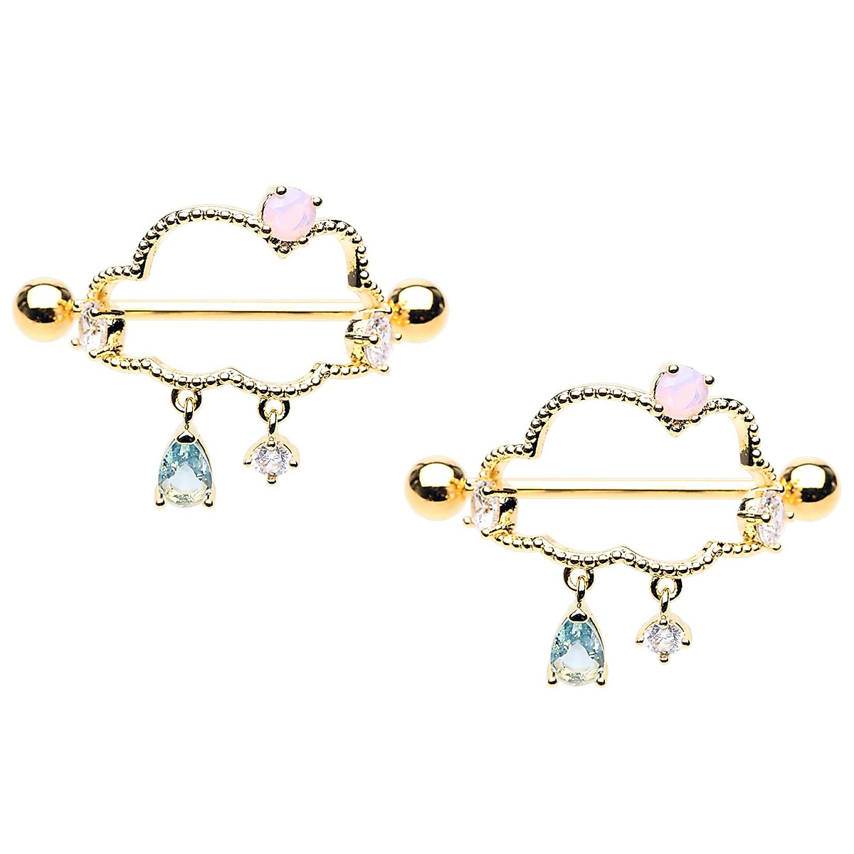 14GA Stainless Steel Rain Cloud with CZ Crystal Dangling Gems Nipple Shields, Sold as a Pair (Gold Tone)